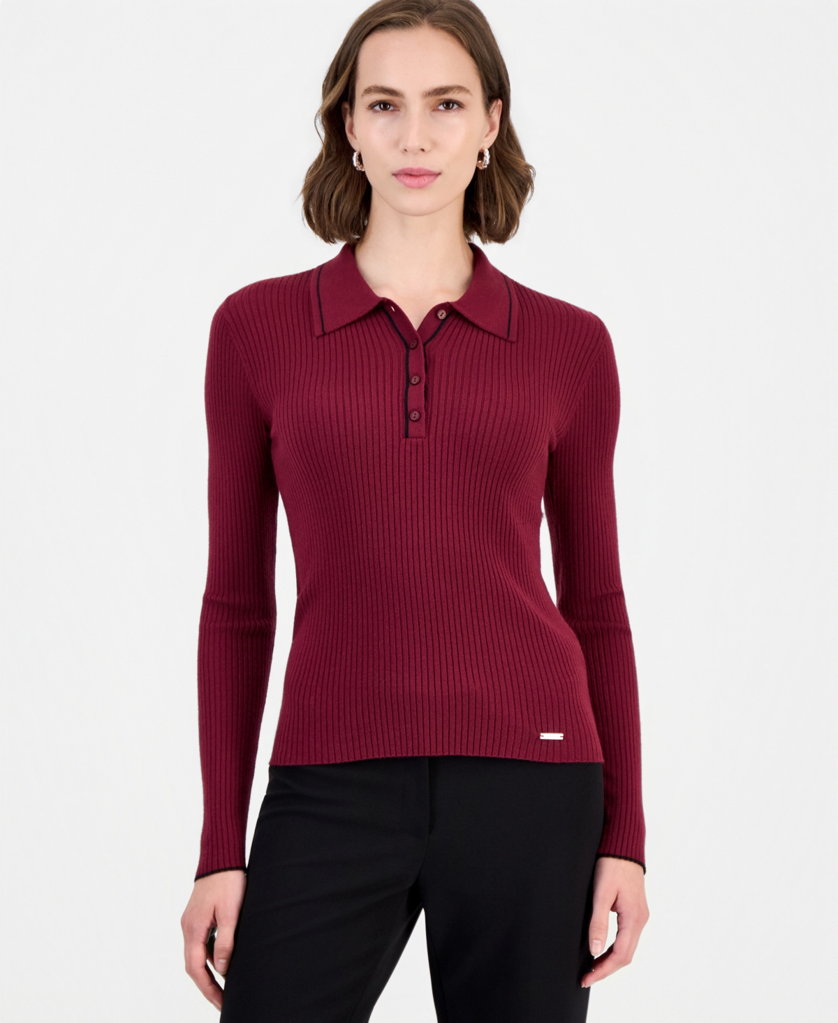 Click here for T Tahari Womens Long-Sleeve Ribbed Polo Sweater -... prices
