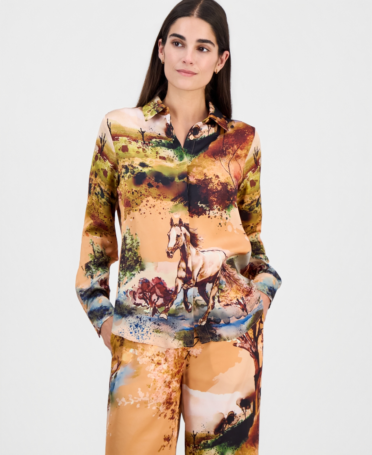 Click here for T Tahari Womens Printed Long-Sleeve Button-Down Bl... prices