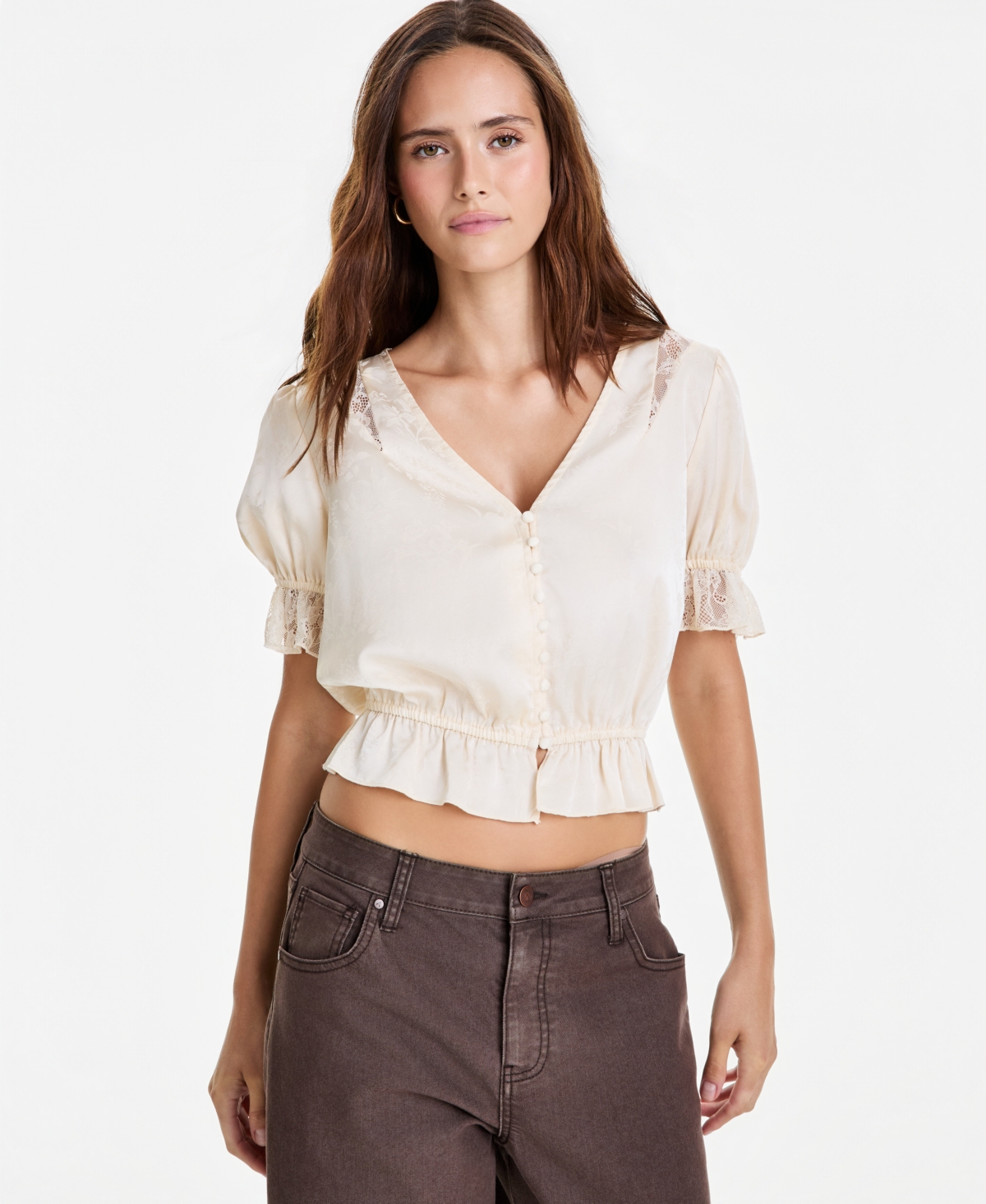 Click here for And Now This Womens Satin Puff-Sleeve V-Neck Top... prices