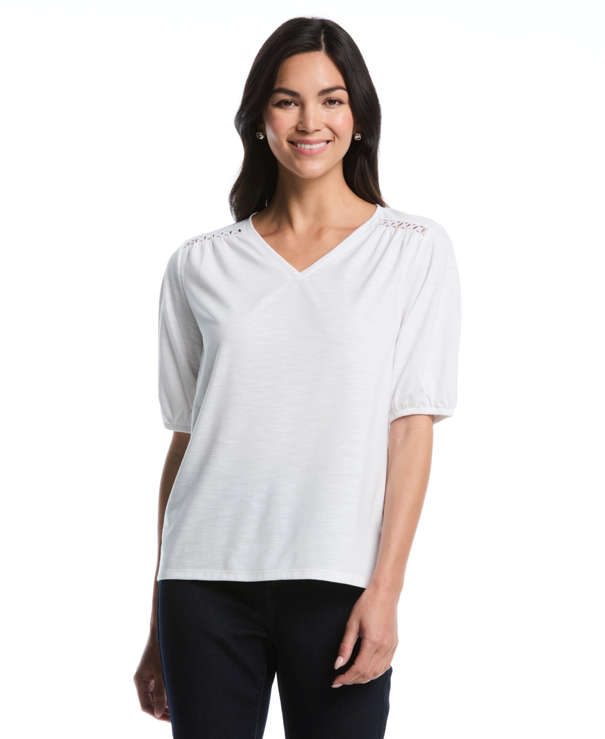 Click here for Rafaella Petite Puff-Sleeve Top - White prices