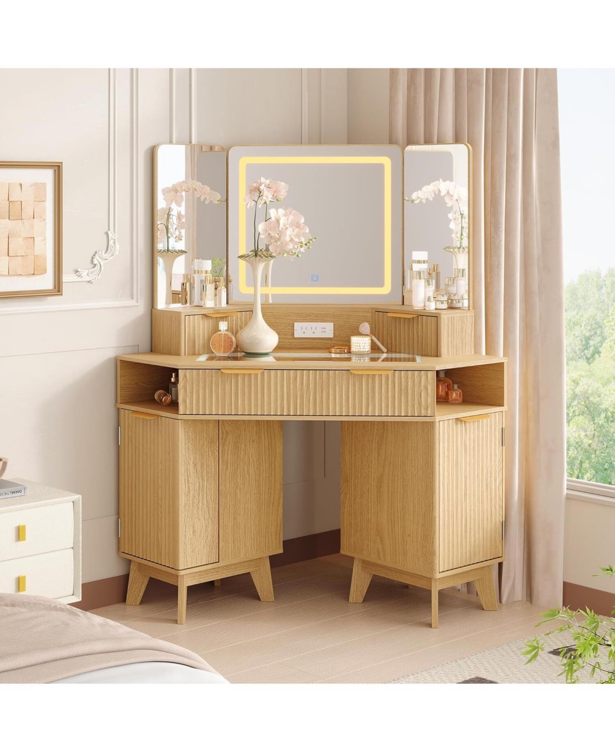 Click here for gaomon 48 Almond Fluted Corner Vanity  Lighted Mak... prices