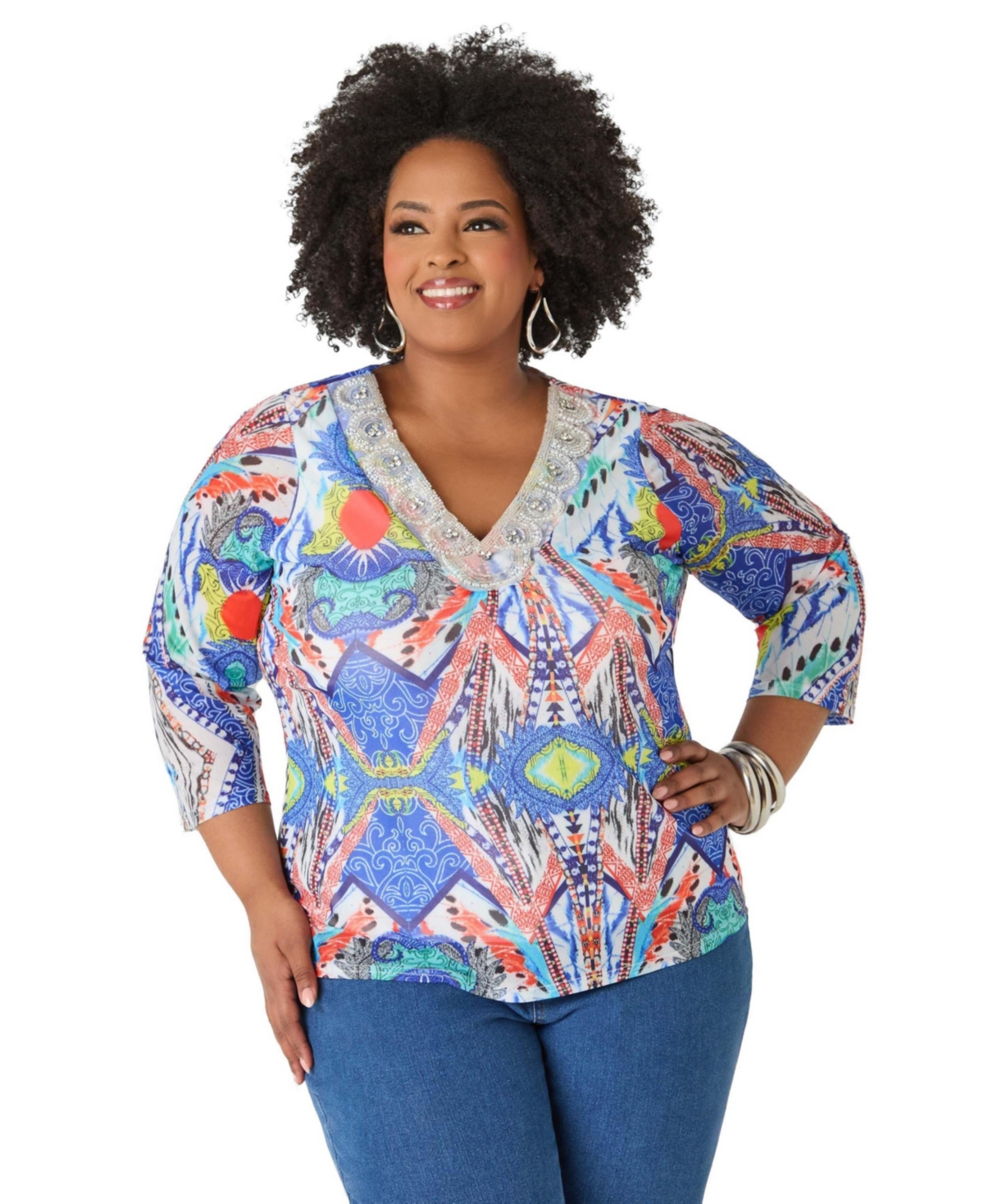 Click here for Ashley Stewart Womens Embellished Printed Mesh Top... prices
