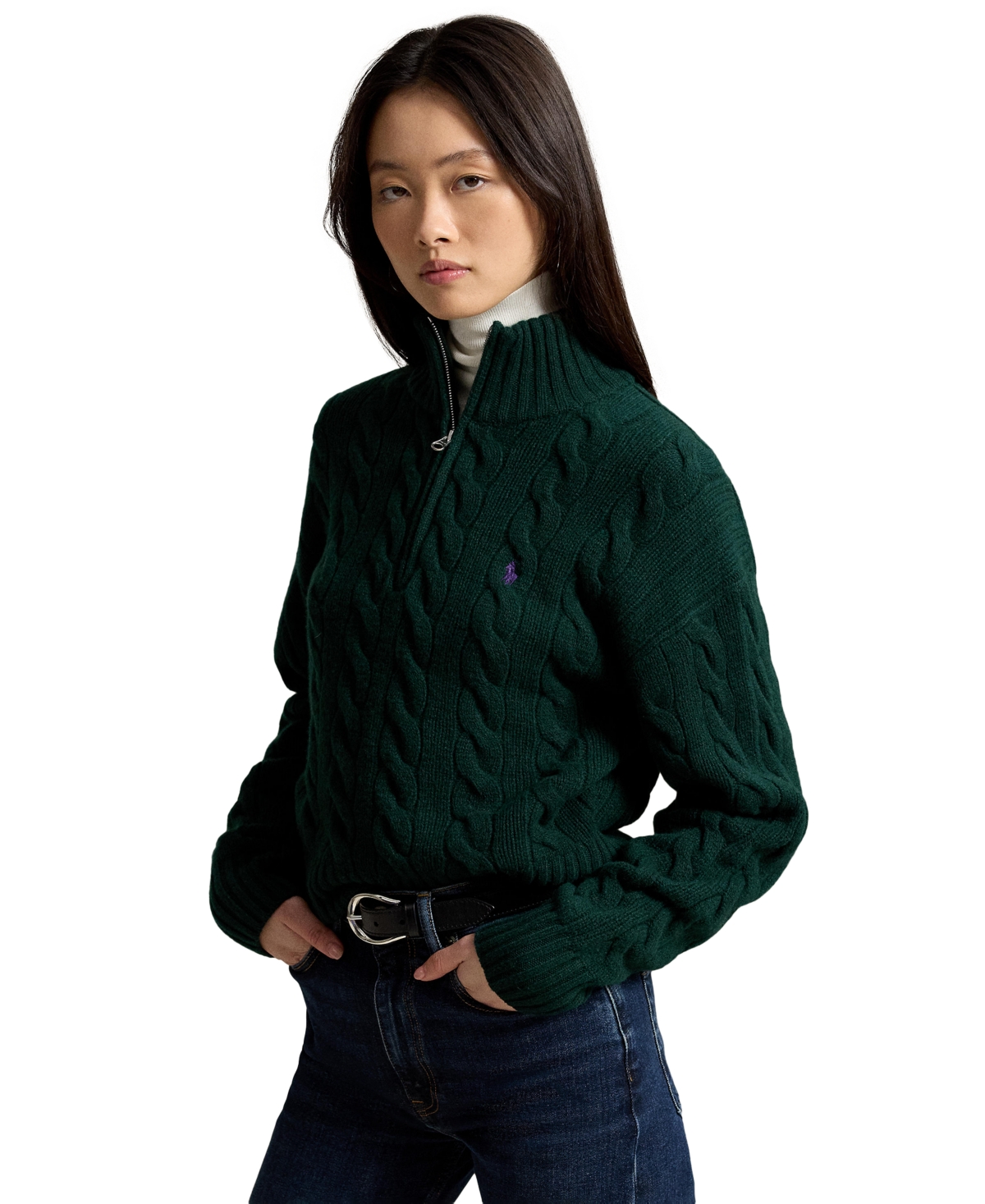 Polo Ralph Lauren Womens Cable-Knit Half-Zip Sweater - College Green