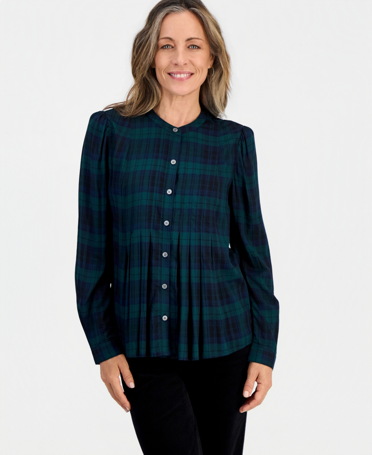 Click here for Style & Co Petite Scott Plaid Button-Up Pleated Bl... prices