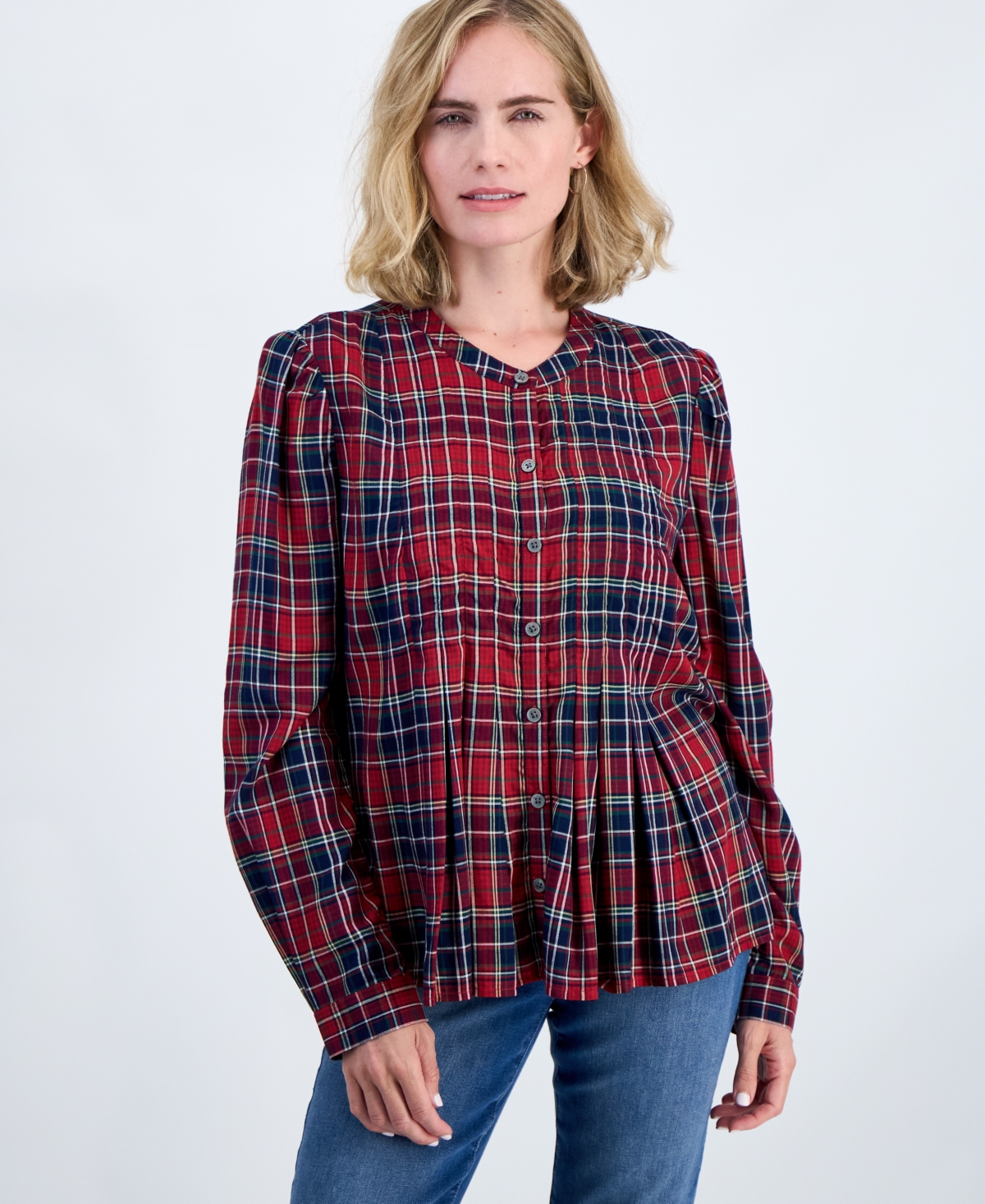 Click here for Style & Co Petite Scott Plaid Button-Up Pleated Bl... prices