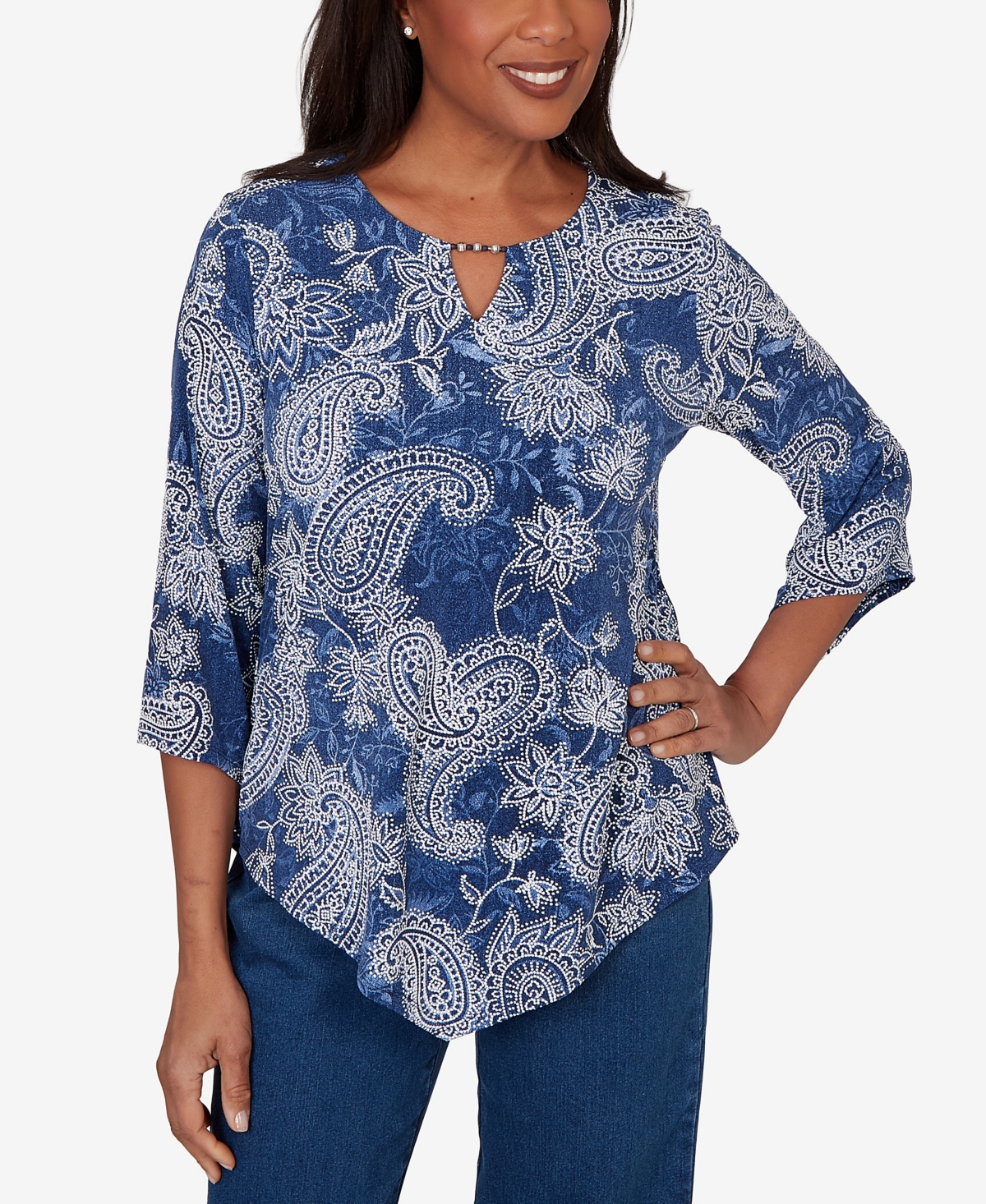 Click here for Alfred Dunner Petite Paisley Puff Printed Top - De... prices