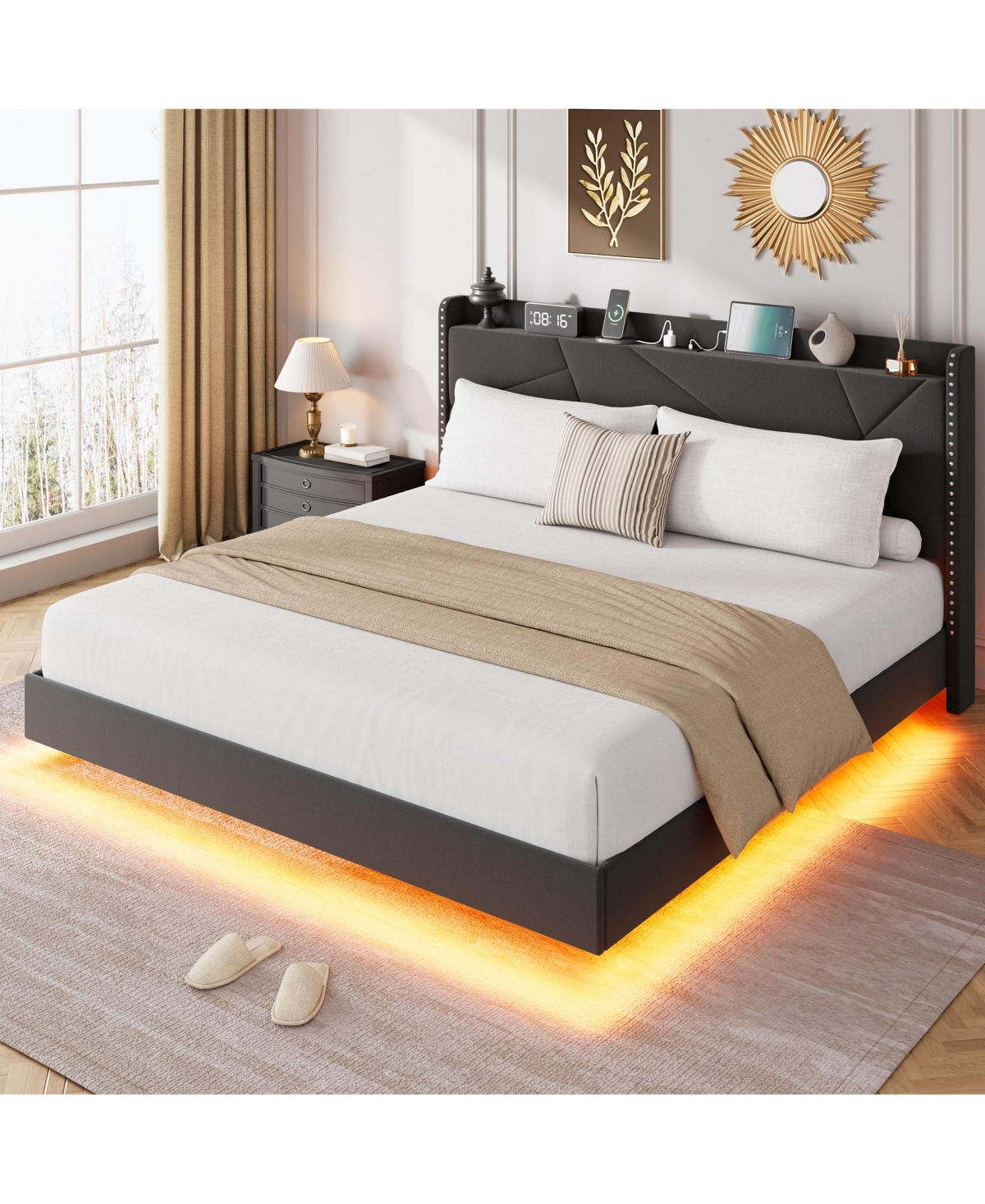 Click here for homfan Modern Floating Bed with Led Lights  Chargi... prices