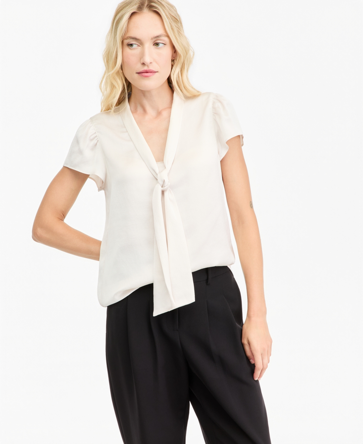 Click here for Bar Iii Womens Satin Tie-Neck Flutter-Sleeve Short... prices