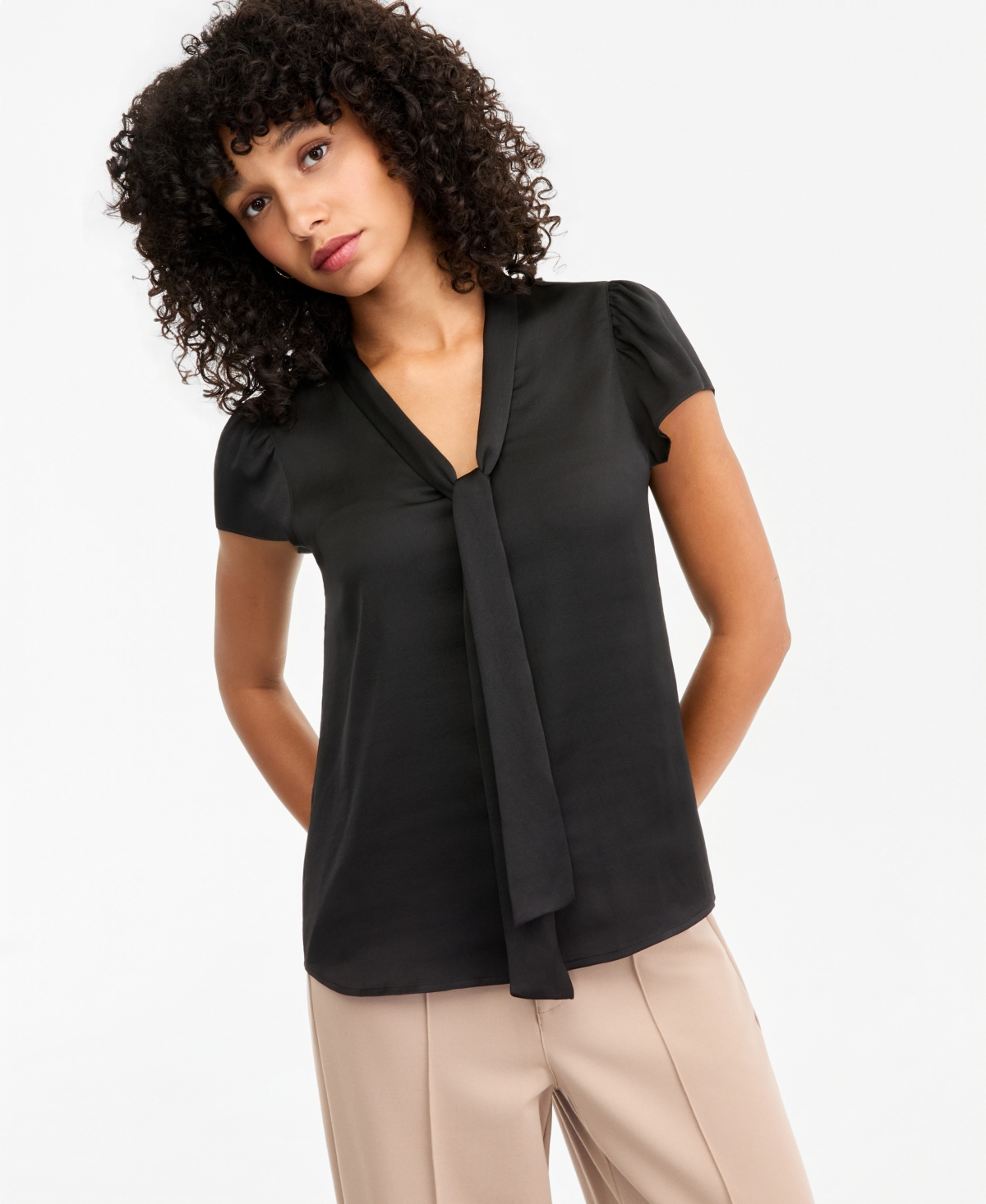 Click here for Bar Iii Womens Satin Tie-Neck Flutter-Sleeve Short... prices