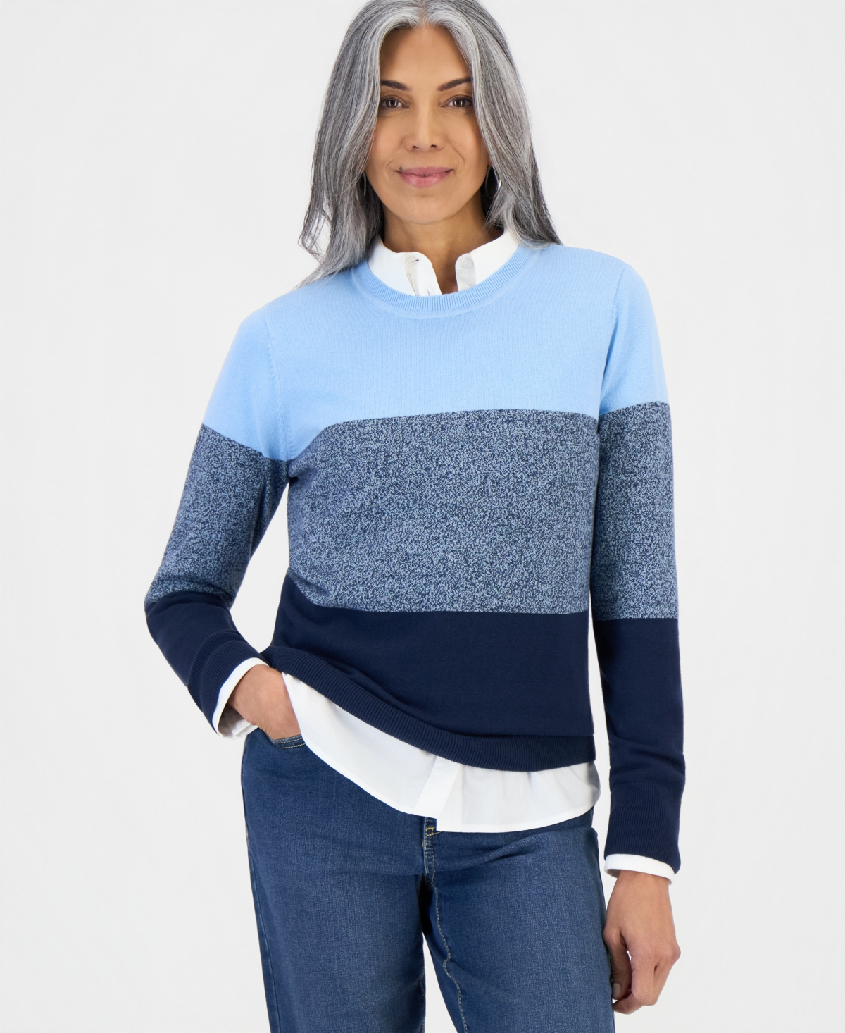 Click here for Style & Co Womens Cotton Colorblocked Curved-Hem S... prices