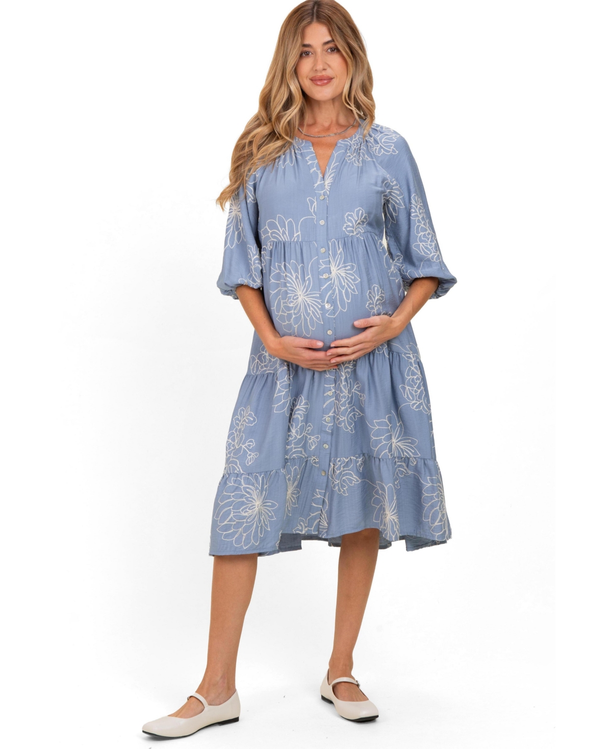 Click here for Pinkblush Maternity Blue Embroidered Tiered Midi S... prices