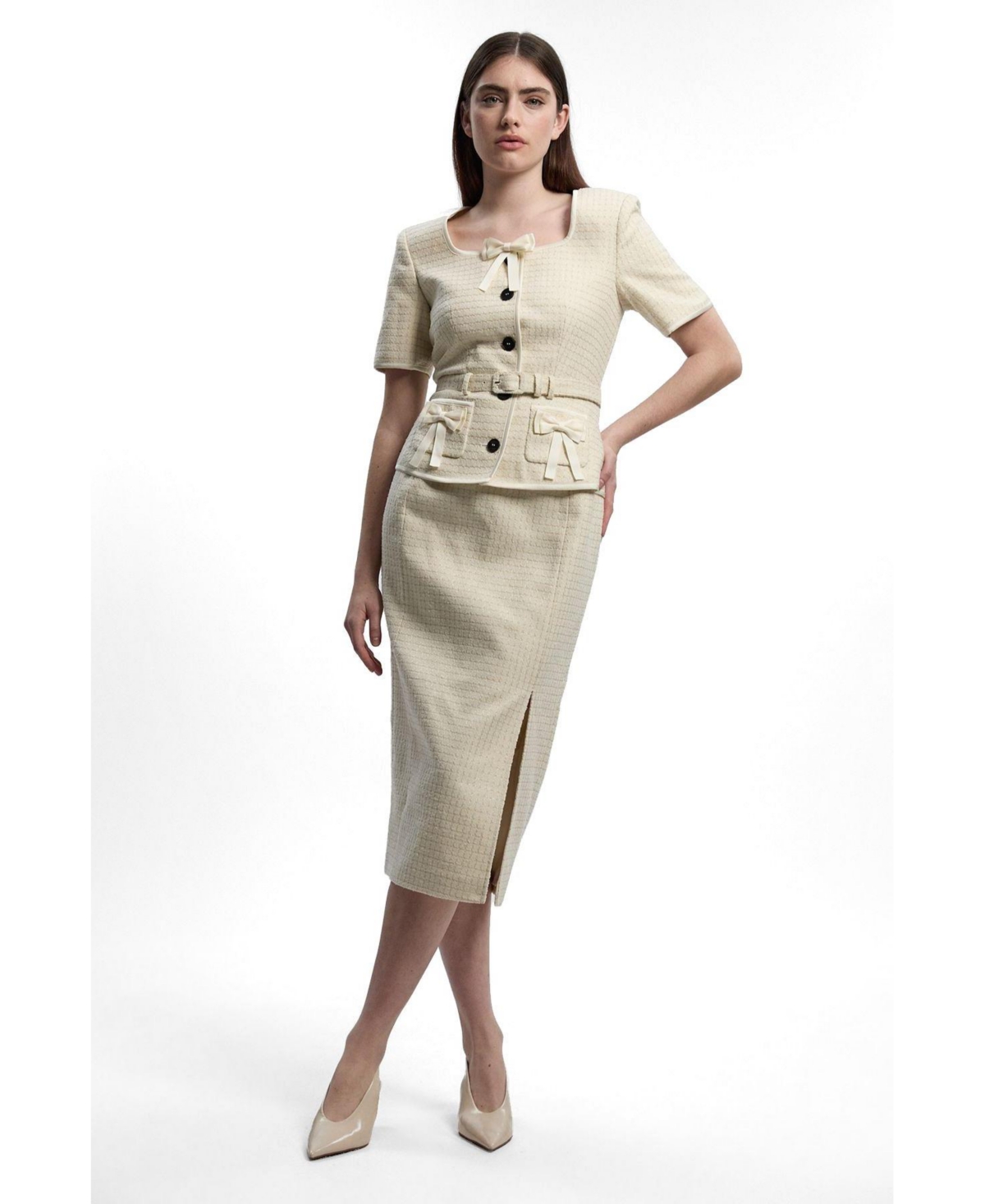 Click here for Karen Millen Womens Tweed Bow Midi Dress - Ivory prices