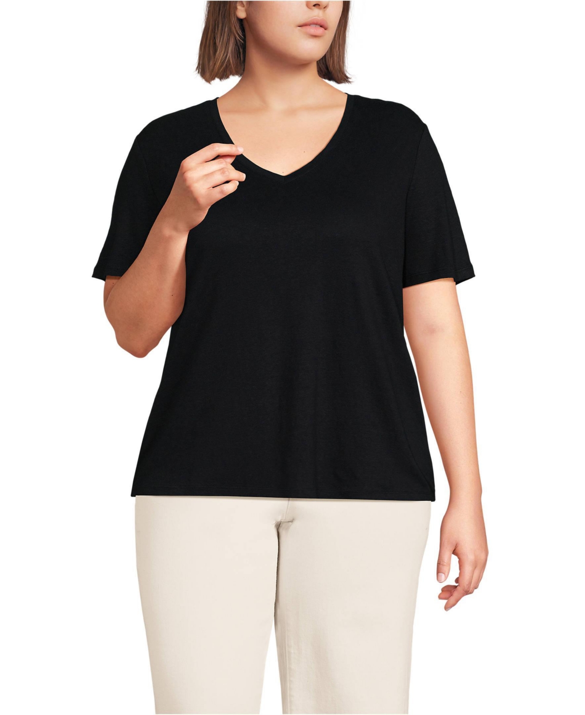 Click here for Lands End Plus Size Short Sleeve Linen Blend V-Nec... prices