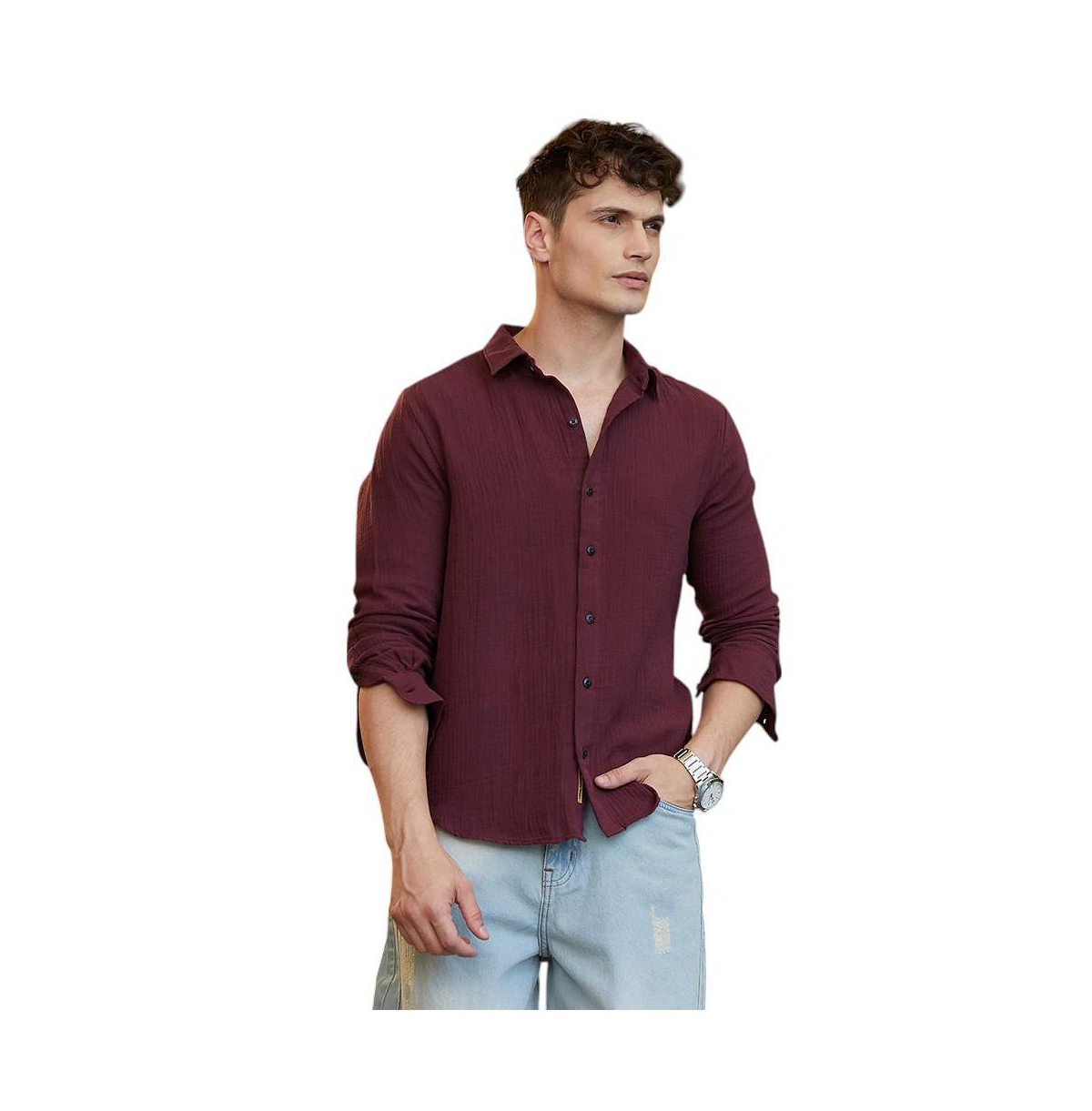 Click here for Campus Sutra Mens Breezy-Weave Shirt - Wine red prices