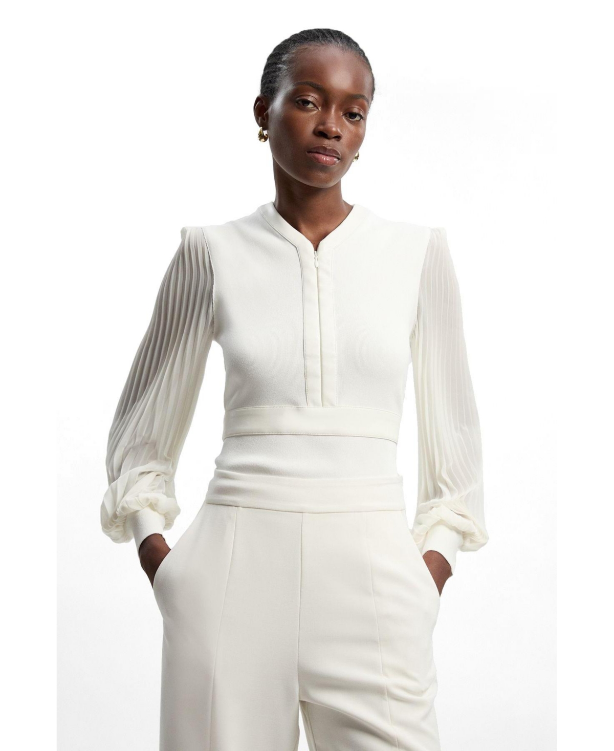 Click here for Karen Millen Womens Pleated Sleeve Zip-Neck Top -... prices