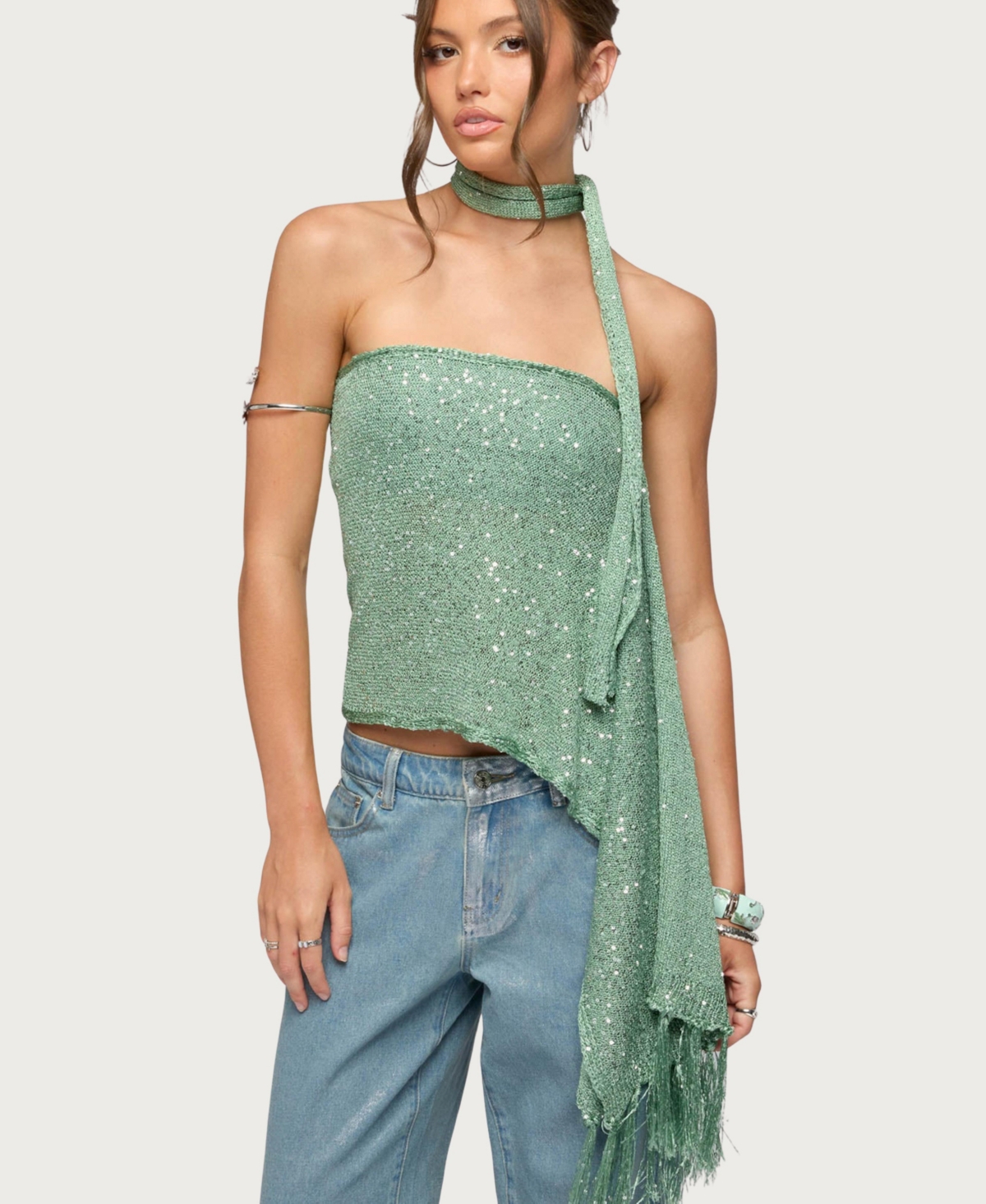 Click here for Edikted Womens Two-Piece Sequin Knit Scarf Top - S... prices