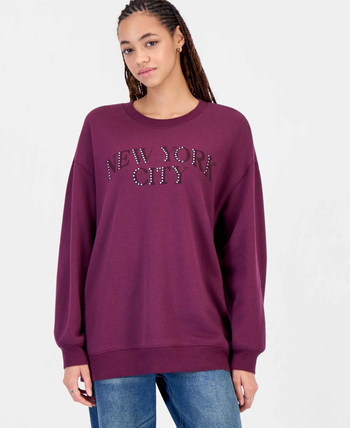 Click here for Rebellious One Juniors Nyc Rhinestone Oversized Fl... prices