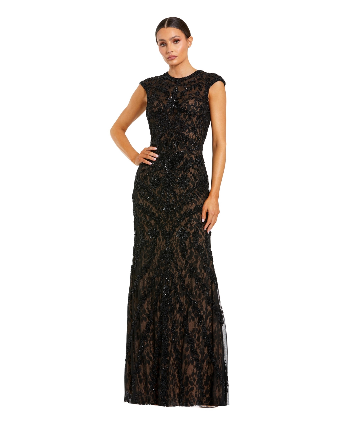 Click here for Mac Duggal Petite Beaded Lace Mesh High-Neck Sleev... prices