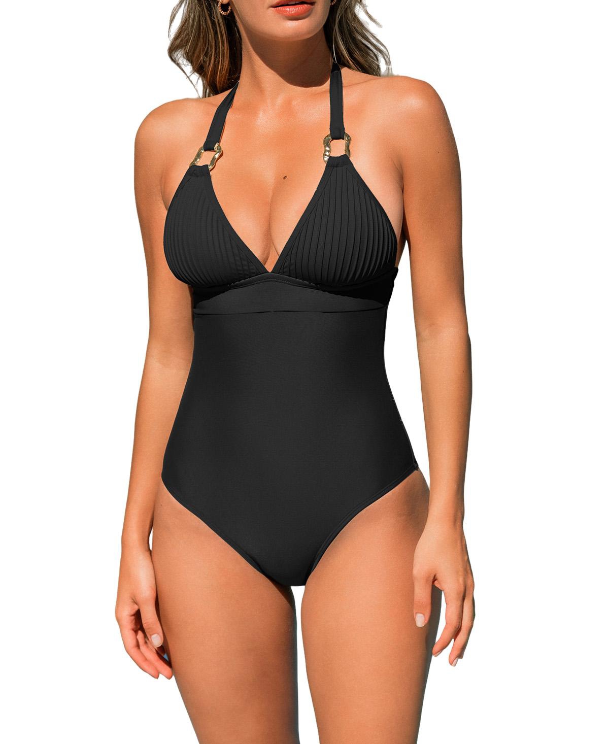 Click here for Cupshe Womens Ribbed V-Neck Metal Trim One-Piece S... prices
