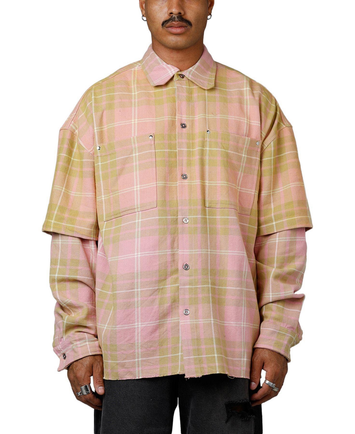 Click here for mnml Mens Dip Fade Flannel Shirt - Pink prices