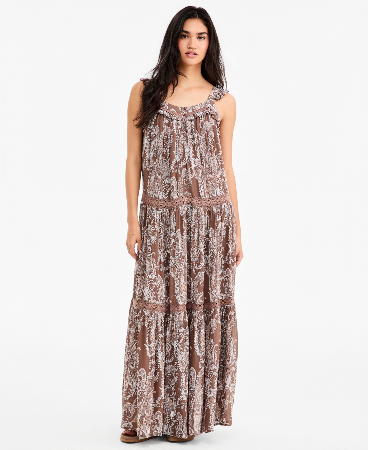 Click here for Lucky Brand Womens Tiered Henley Maxi Boho Paisley... prices