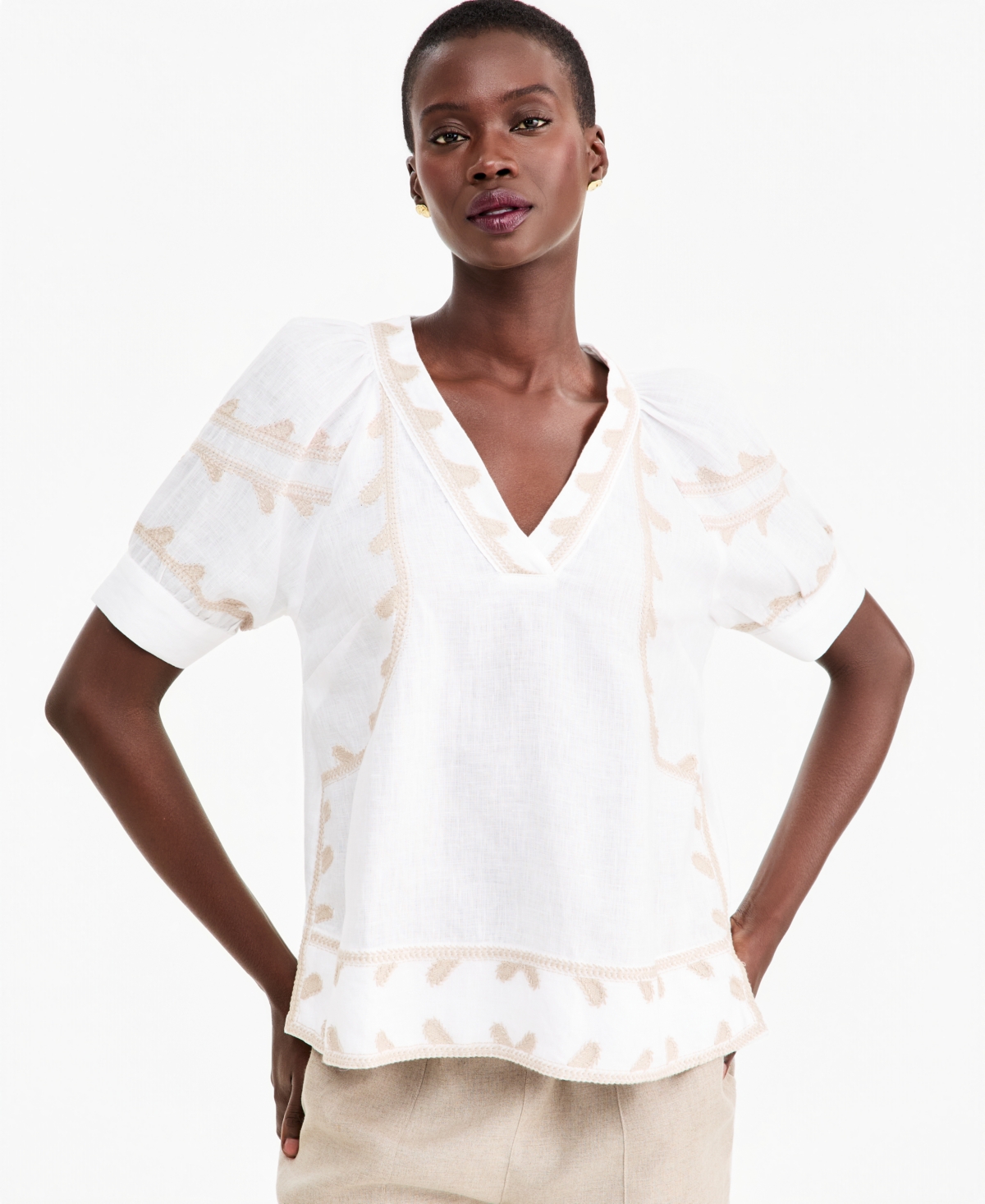 Click here for Charter Club Womens Linen Puff-Sleeve Embroidered... prices