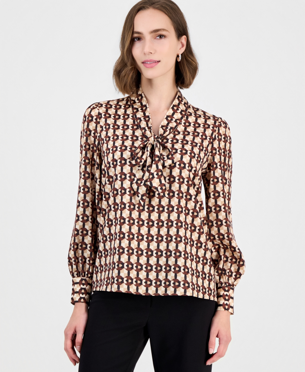 Click here for T Tahari Womens Long-Sleeve V-Neck Bow Tie Geometr... prices