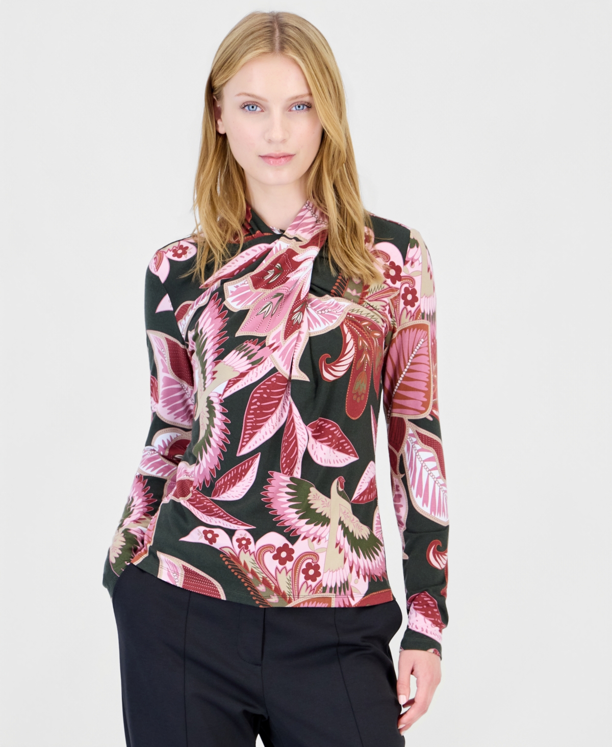 Click here for T Tahari Womens Long-Sleeve Mock-Neck Floral-Print... prices