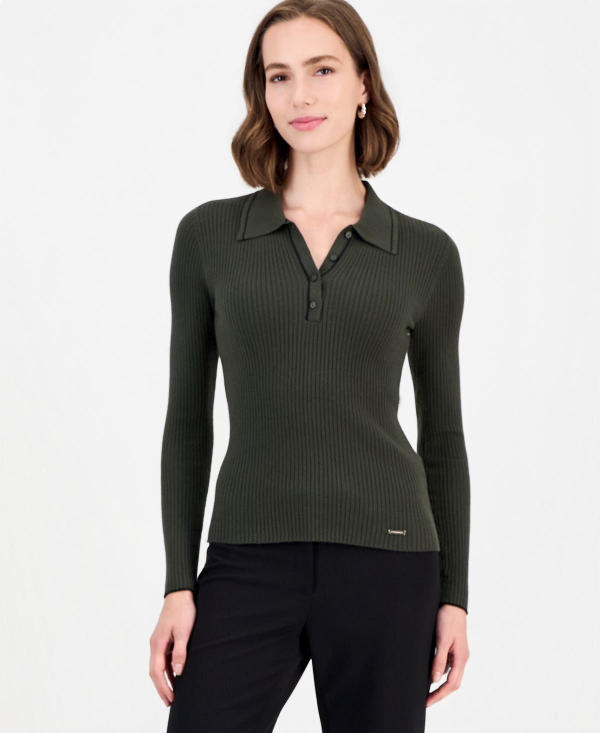 Click here for T Tahari Womens Long-Sleeve Ribbed Polo Sweater -... prices