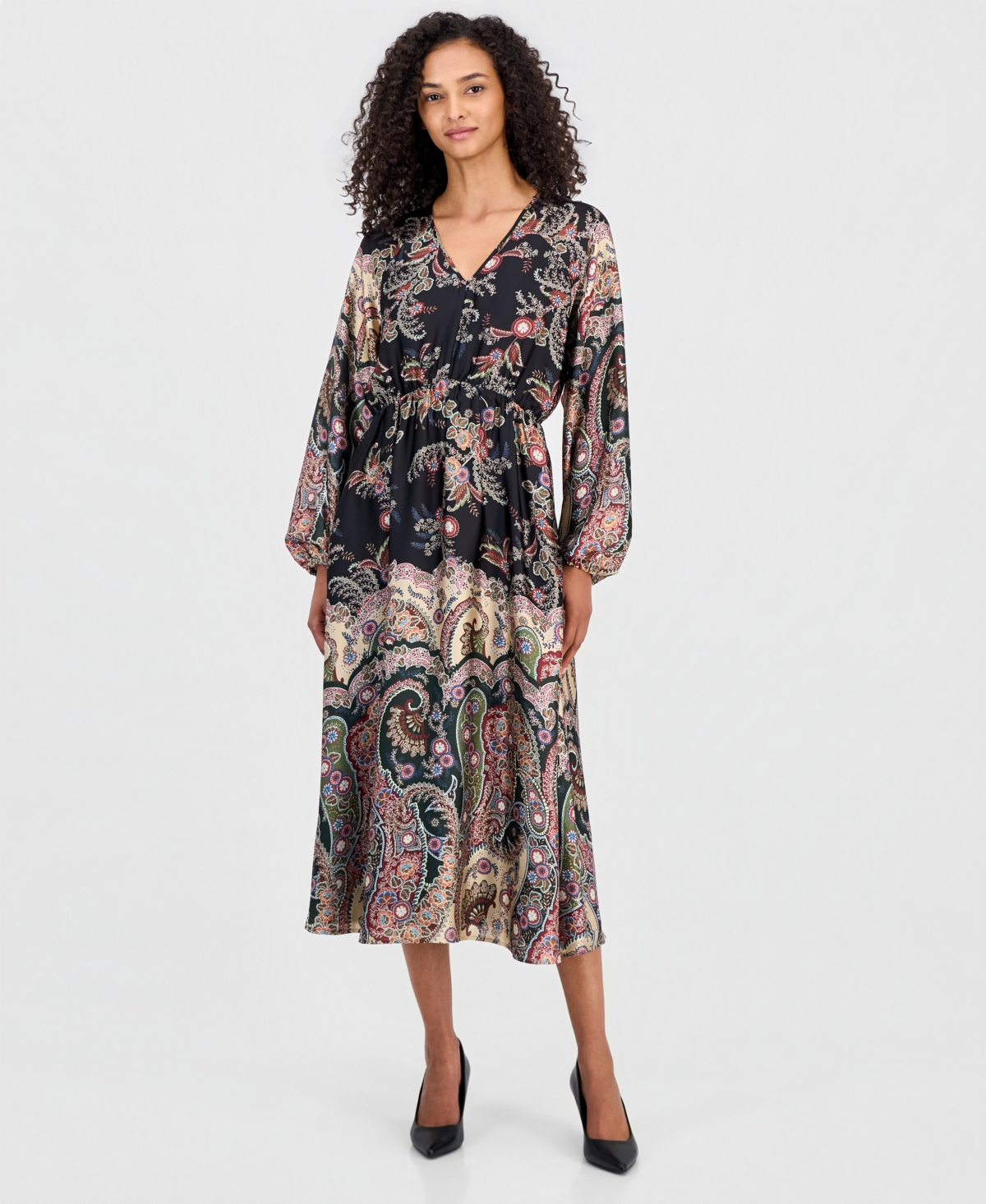 Click here for T Tahari Womens Long-Sleeve Smocked-Waist Split-Ne... prices