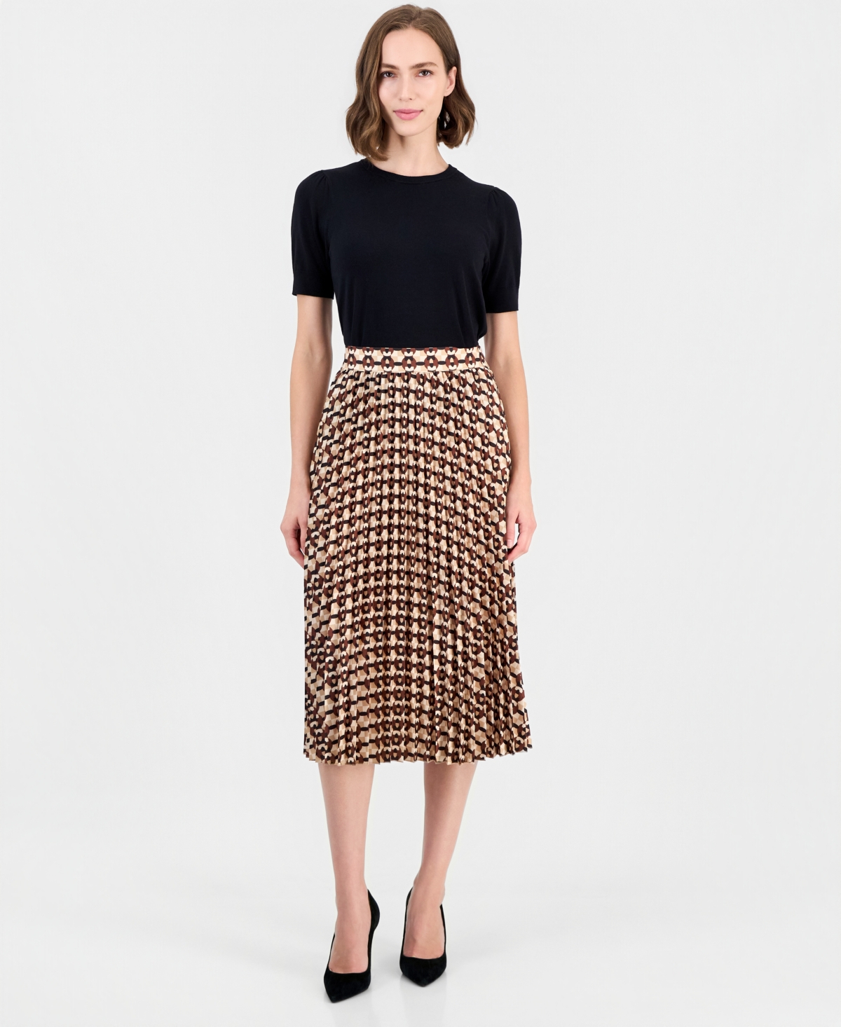 Click here for T Tahari Womens Pleated A-Line Midi Skirt - Mosaic... prices