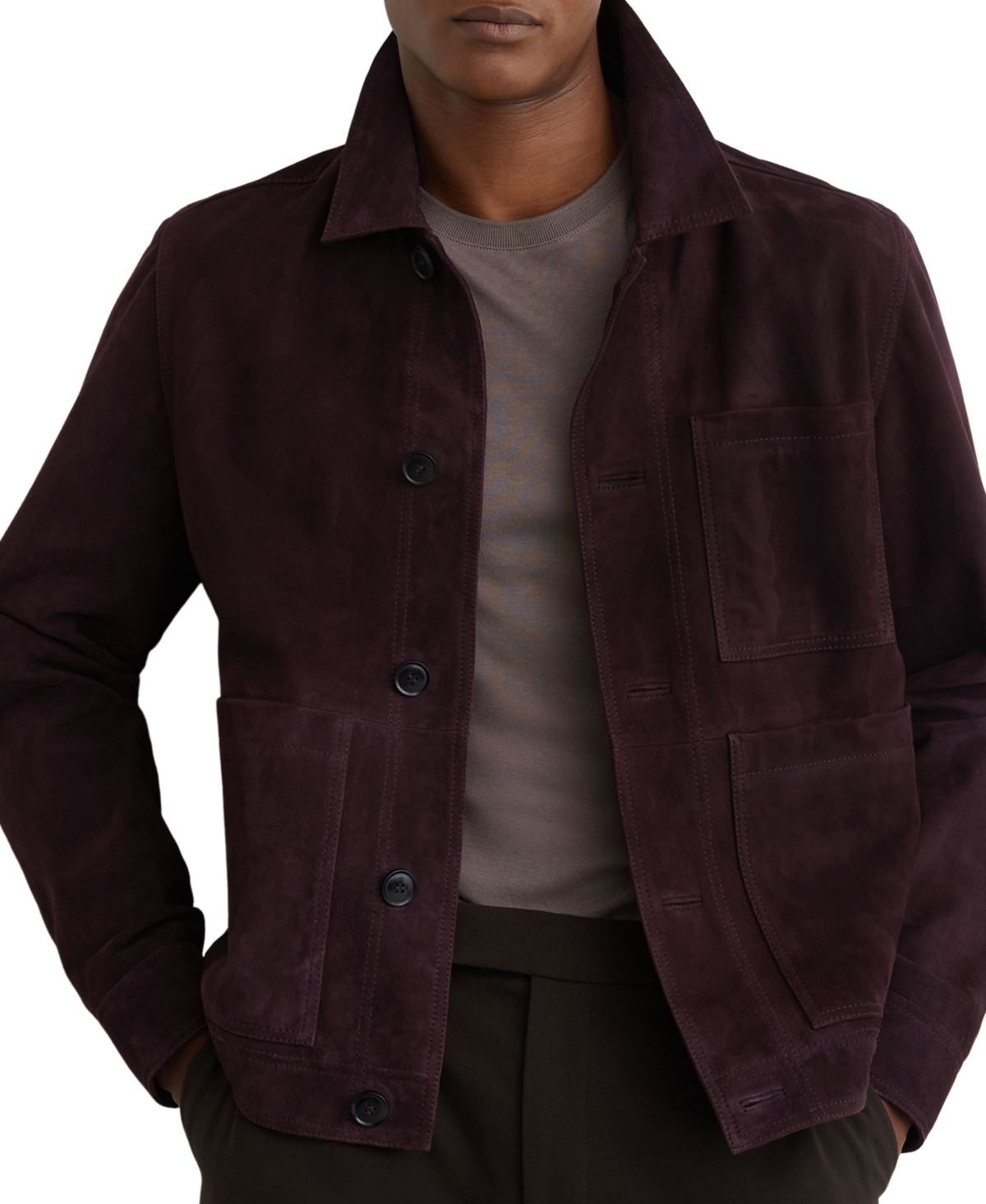 Click here for Reiss Mens Witead Suede Button-Through Trucker Jac... prices