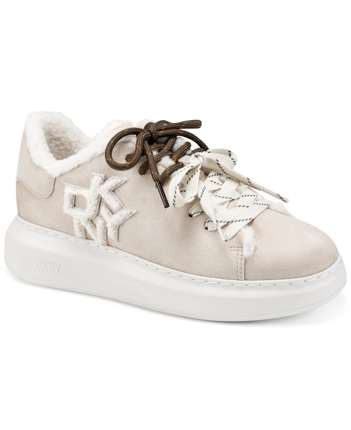 Click here for Dkny Womens Keira Fur Lace-Up Sneakers - Taupe/Coc... prices