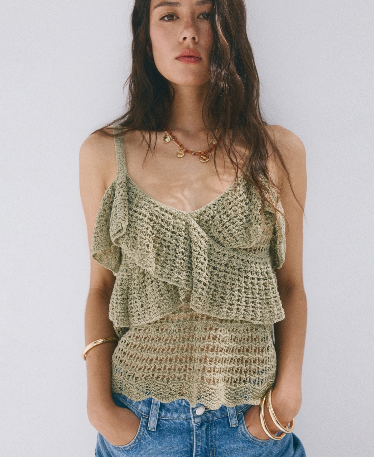 Click here for Mango Womens Ruffled Crocheted Top - Green prices