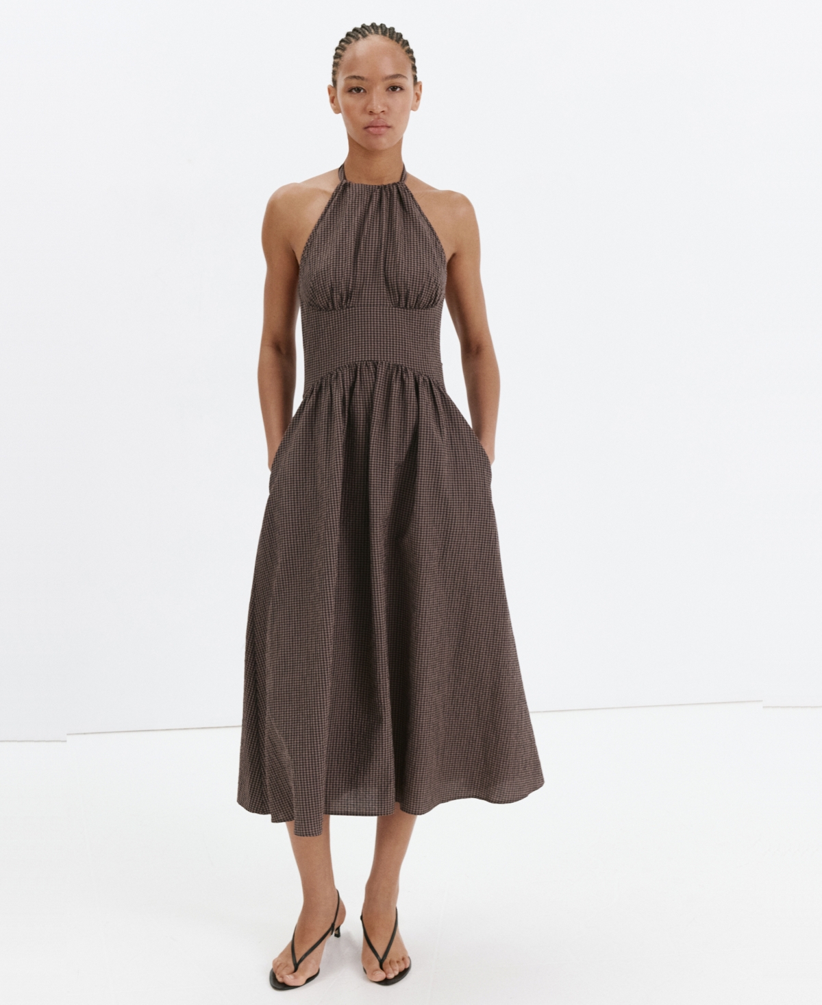 Click here for Mango Womens Gingham Halter Dress - Brown prices