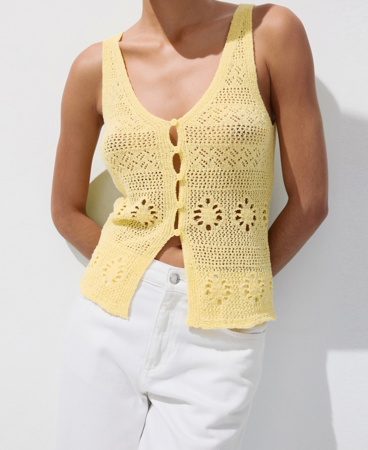 Click here for Mango Womens Buttons Crocheted Vest - Yellow prices