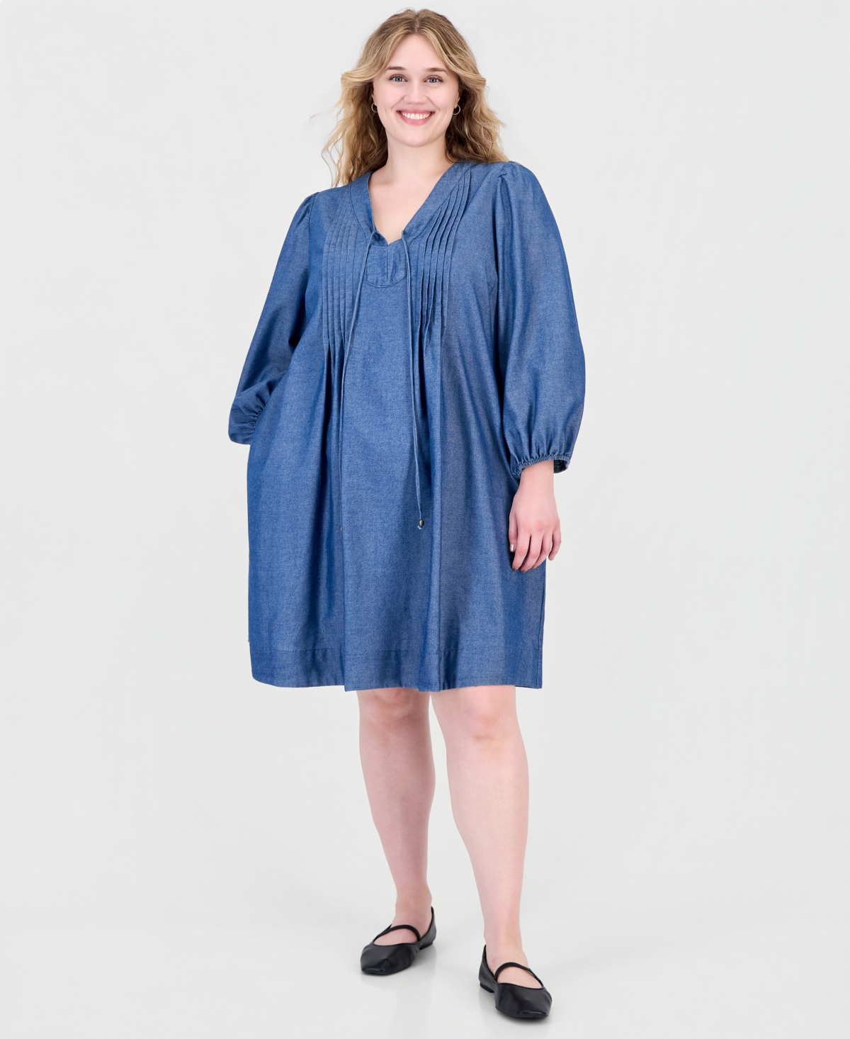 Click here for Robbie Bee Plus Size Denim V-Neck Long-Sleeve Shif... prices