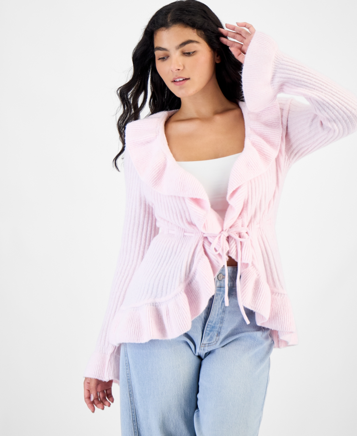 Click here for Hippie Rose Juniors Tie Front Ruffle Cardigan - Ba... prices