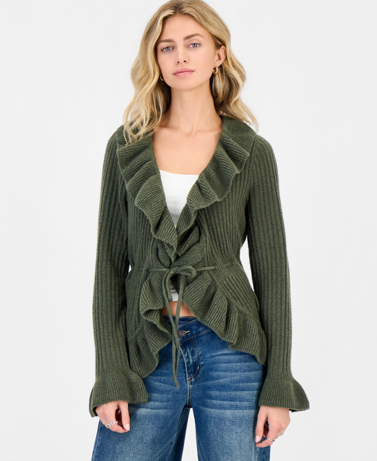 Click here for Hippie Rose Juniors Tie Front Ruffle Cardigan - Du... prices
