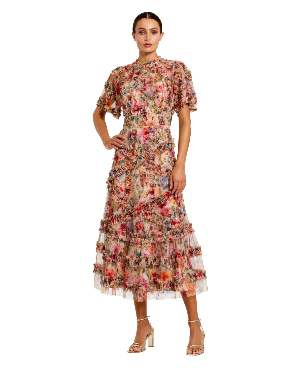 Click here for Mac Duggal Womens Floral Flutter Sleeve Mesh Print... prices