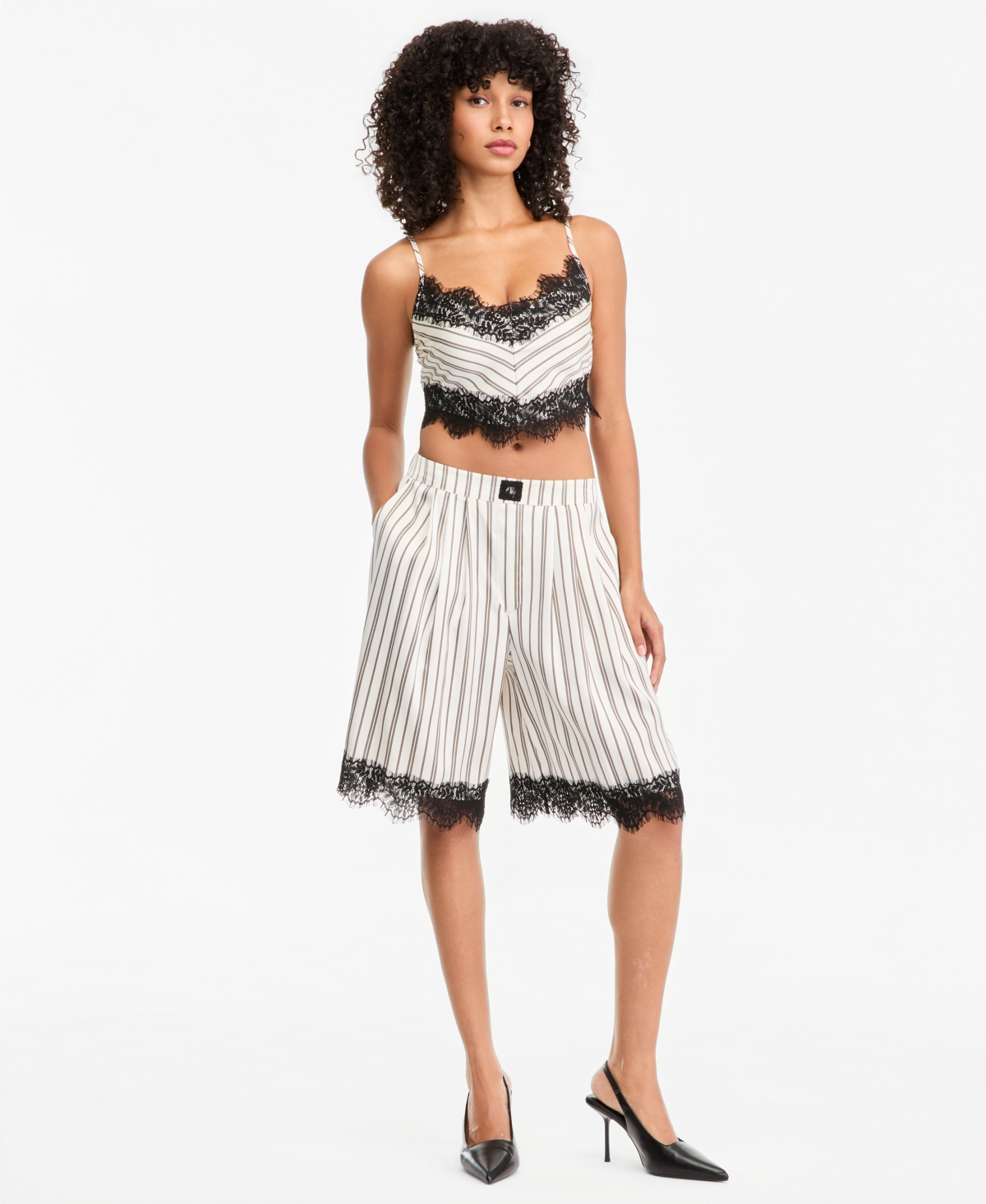 Click here for Bar Iii Womens Pinstripe Satin High-Waisted Lace-T... prices