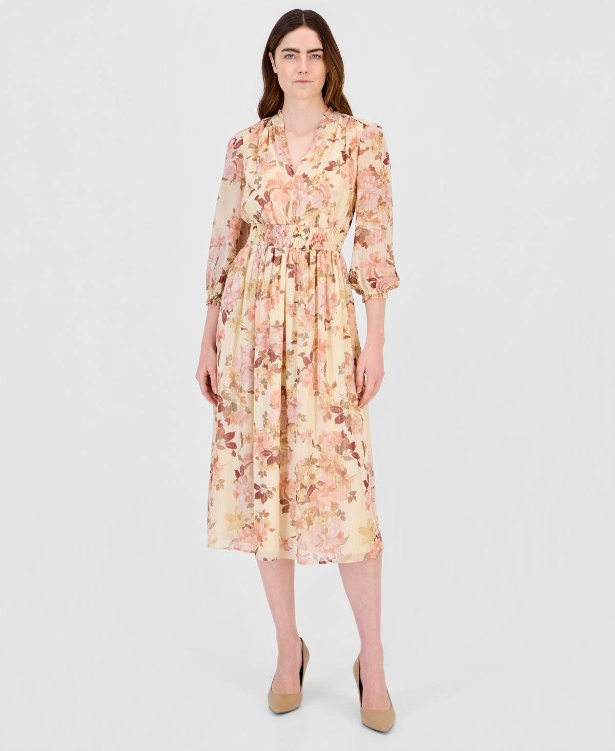 Click here for Anne Klein Womens Floral Smocked Waist Ruffle-Trim... prices