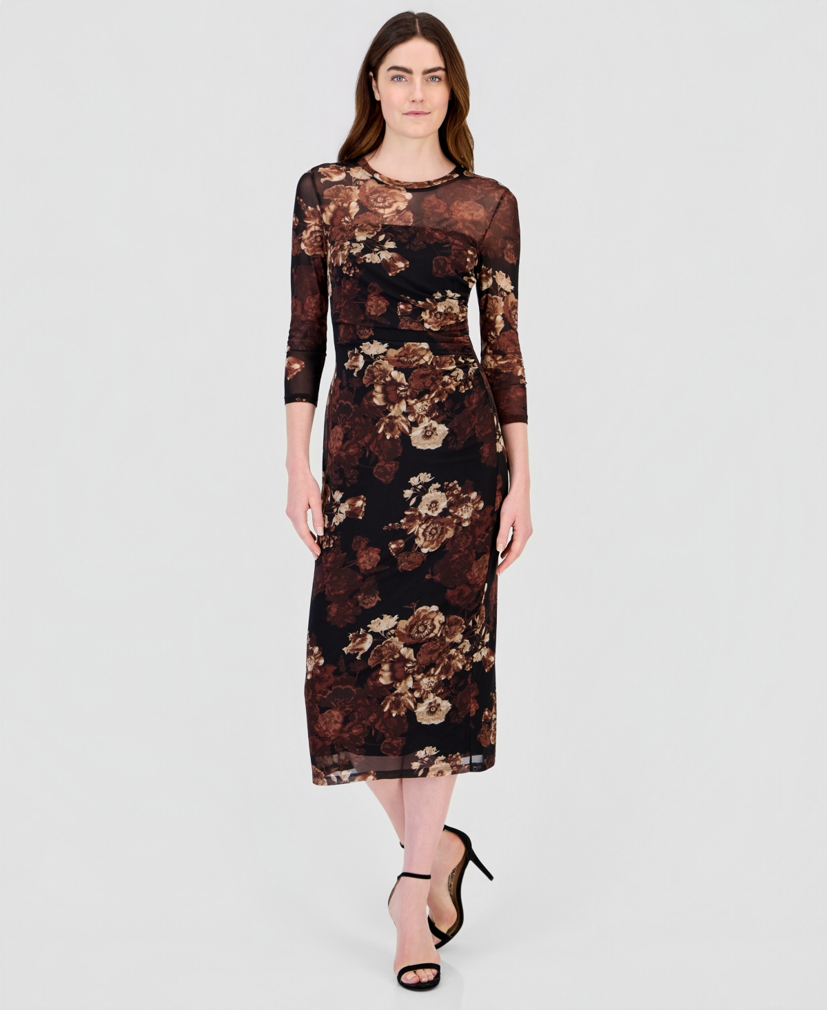Click here for Anne Klein Womens Floral-Print Mesh Side-Ruched Mi... prices