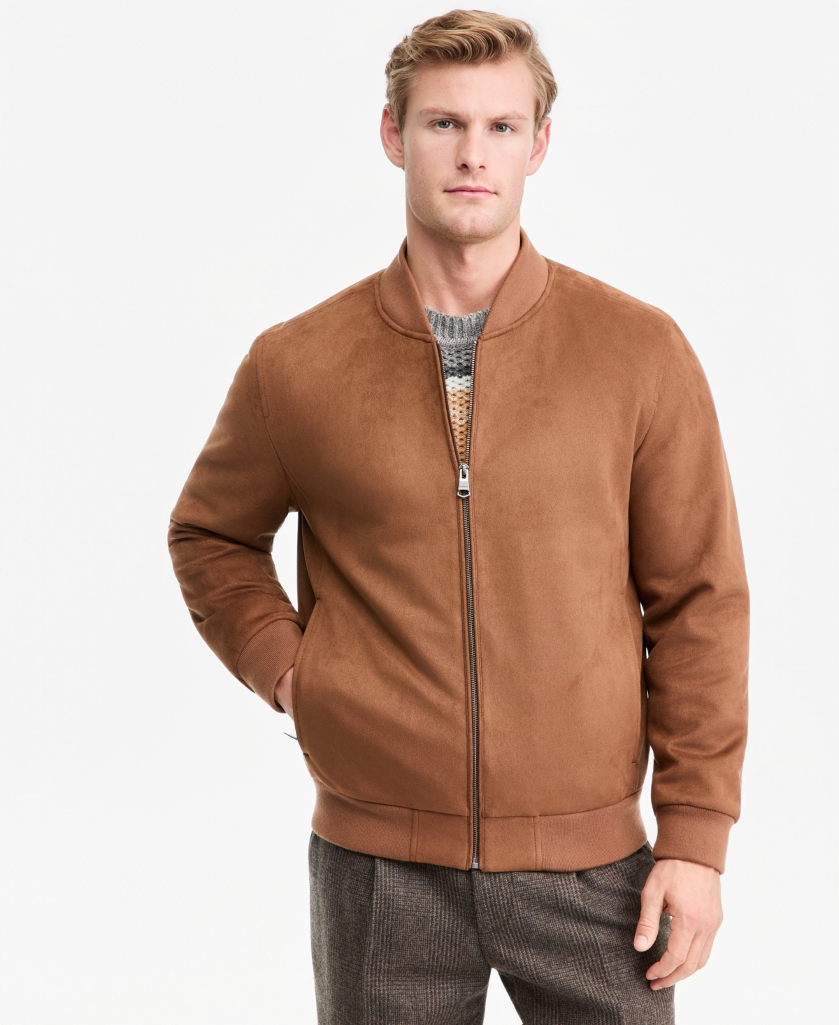 Click here for Dkny Mens Faux-Suede Bomber Jacket - Cognac prices