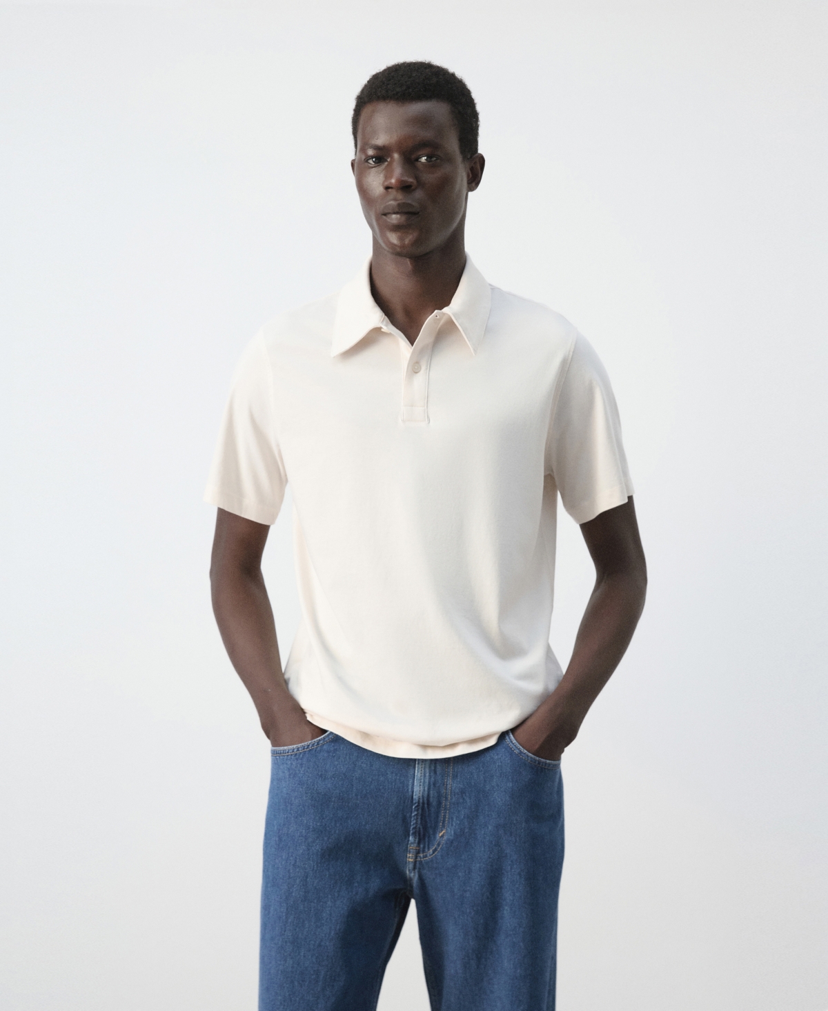 Click here for Mango Mens Cotton Fine-Knit Polo Shirt - Ecru prices