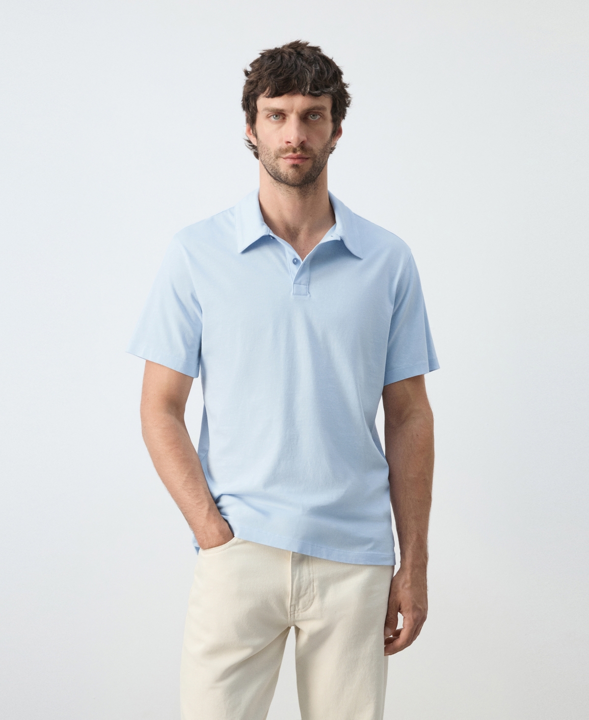 Click here for Mango Mens Cotton Fine-Knit Polo Shirt - Sky Blue prices