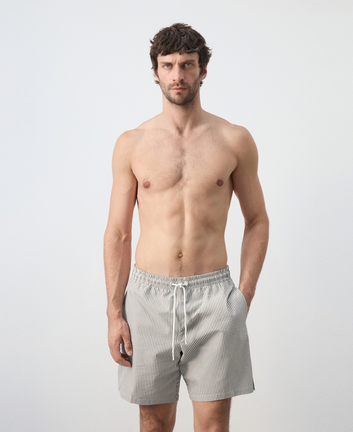Click here for Mango Mens Seersucker Striped Swimsuit - Khaki prices