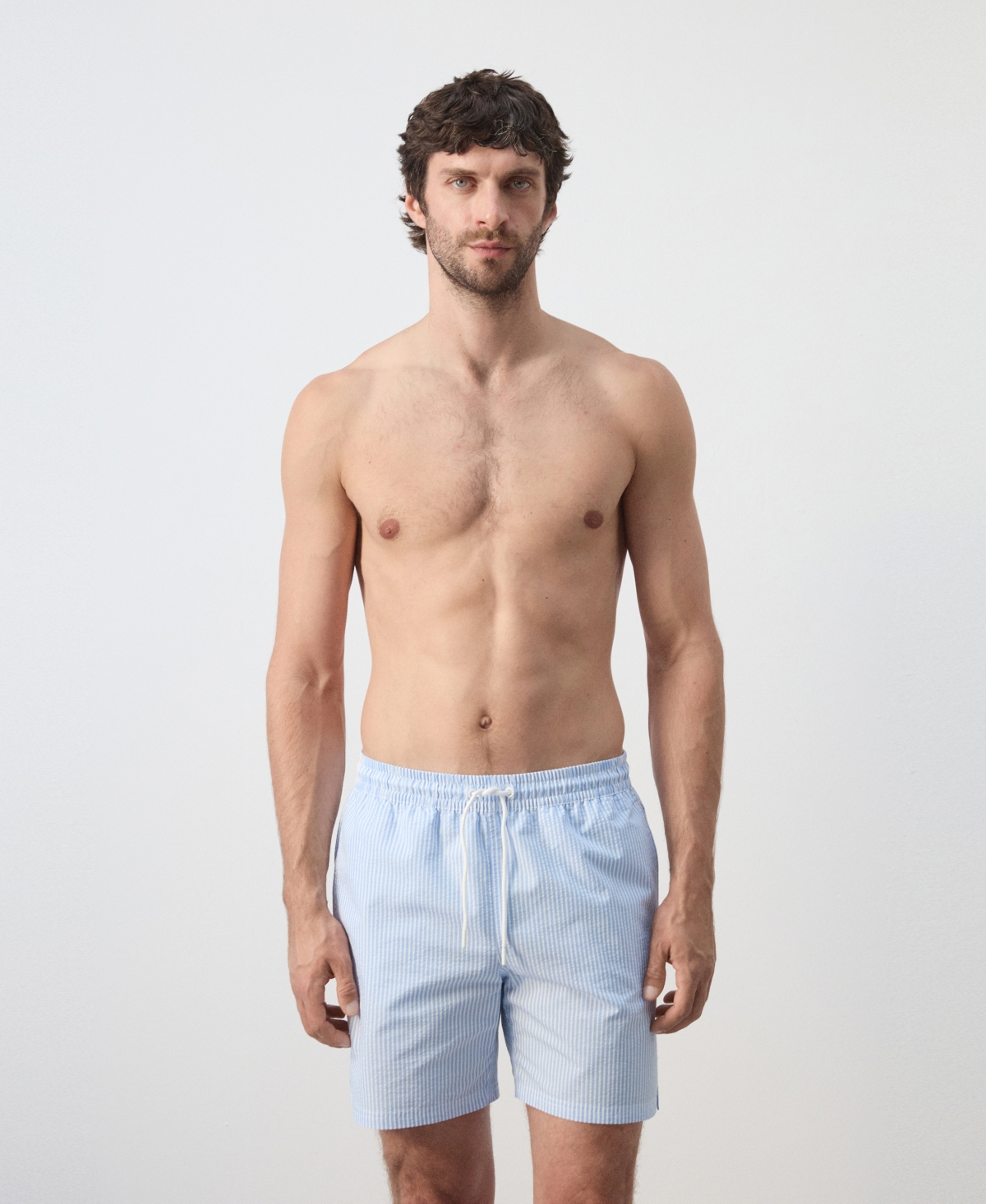 Click here for Mango Mens Seersucker Striped Swimsuit - Sky Blue prices