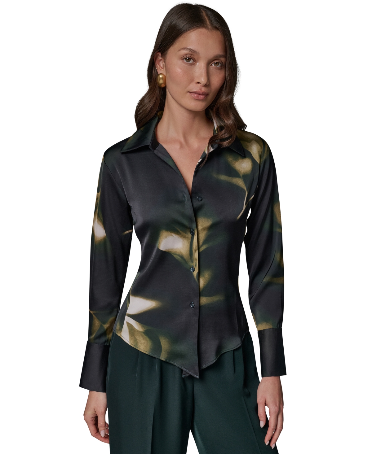 Donna Karan New York Petite Collared Button-Front Blouse - Olive Brine
