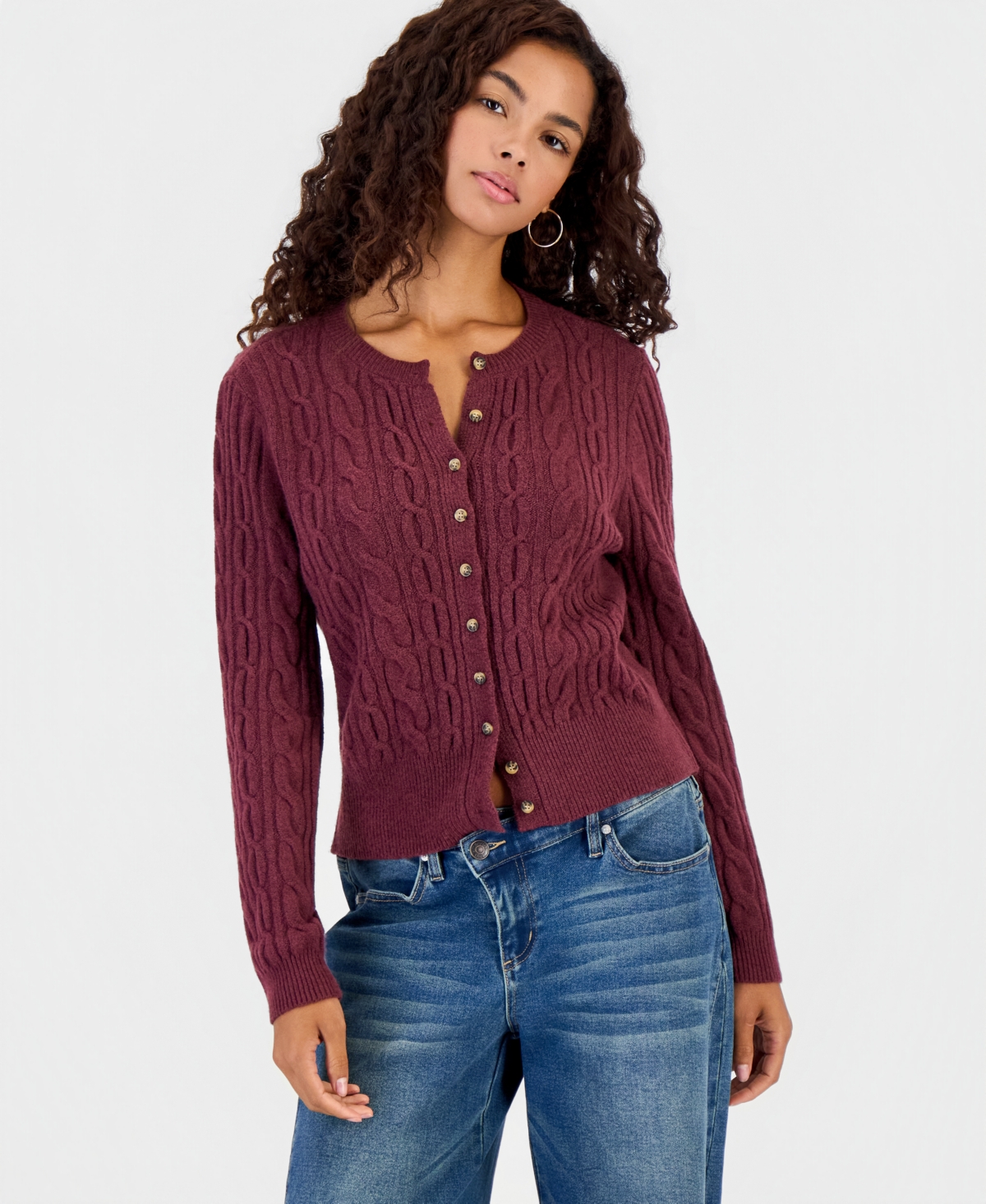 Click here for Hooked Up by Iot Juniors Cable-Knit Crew-Neck Card... prices